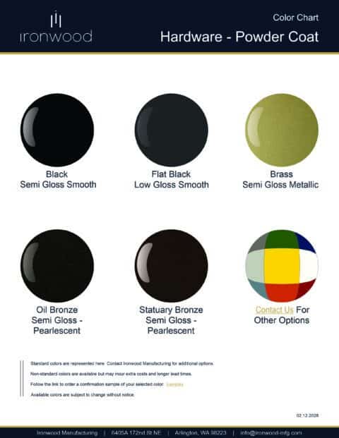 Powder Coat Hardware Color Options (Chart) | Ironwood Manufacturing