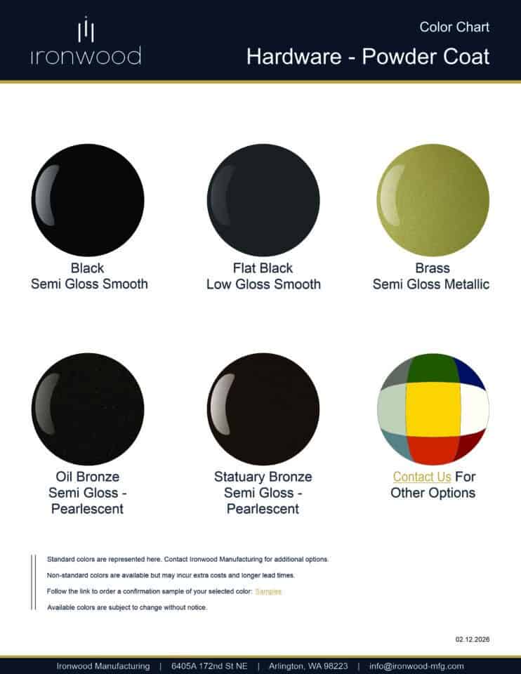 Powder Coat Hardware Color Options (Chart) | Ironwood Manufacturing
