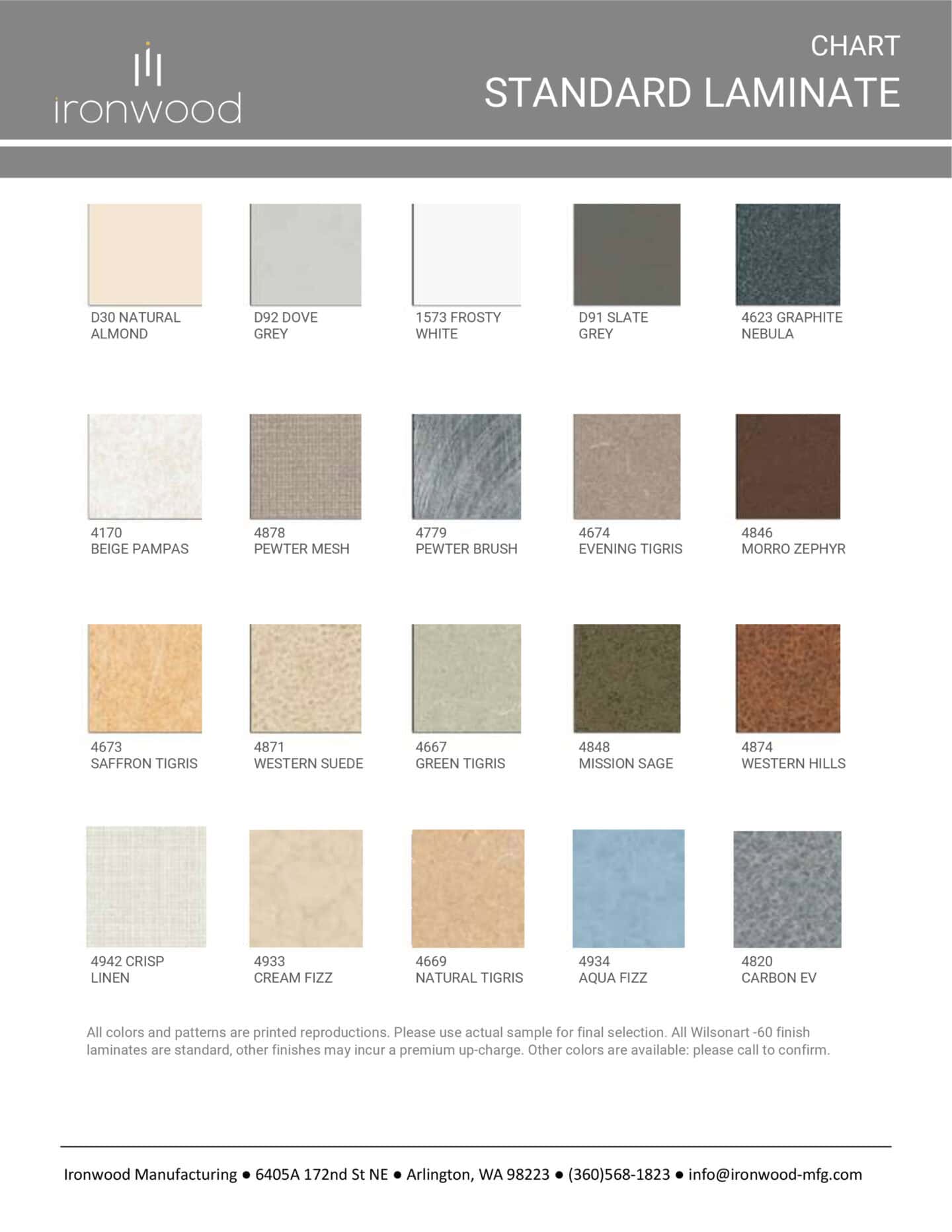 Wilsonart Standard Laminate Options (Chart) | Ironwood Manufacturing