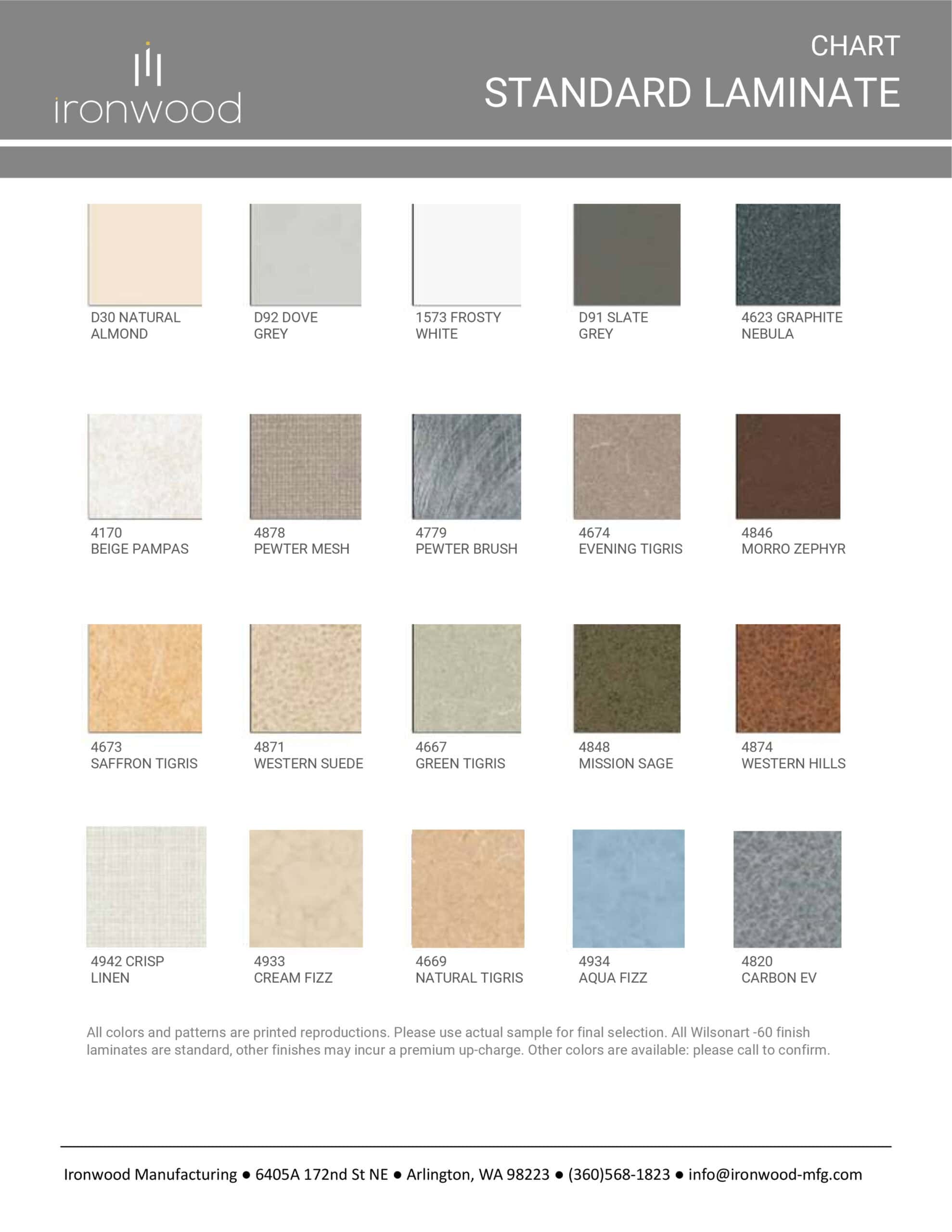 Wilsonart Standard Laminate Options (Chart) | Ironwood Manufacturing