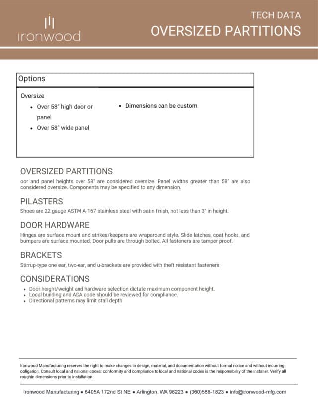 Oversized Partitions (Technical Data) | Ironwood Manufacturing