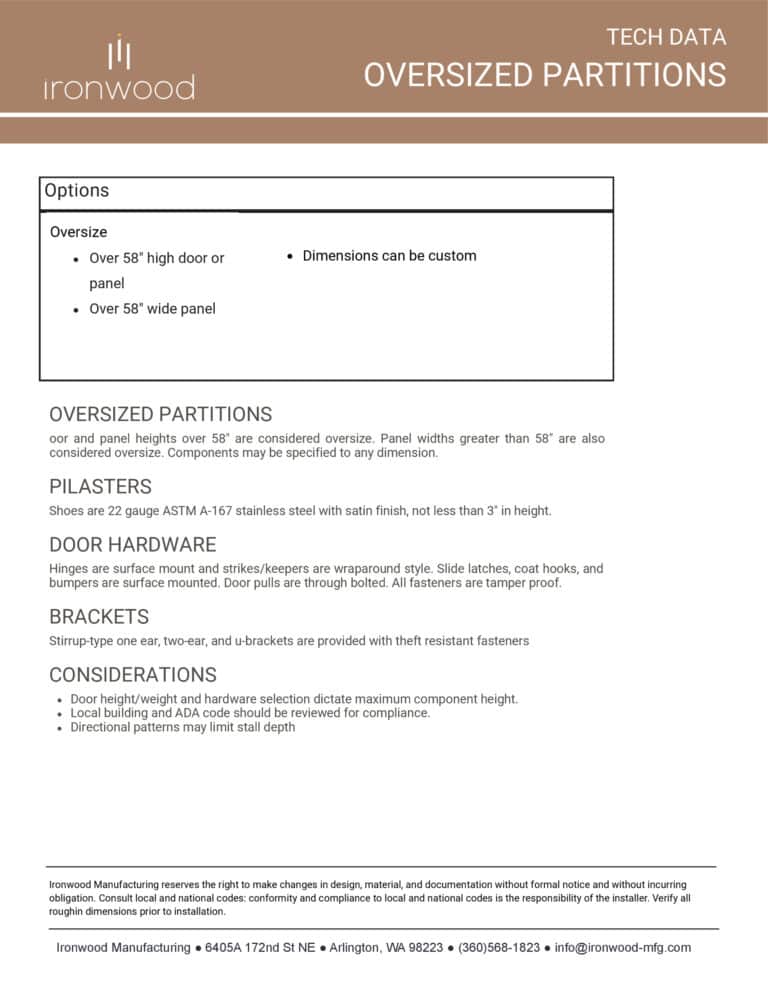 Oversized Partitions (Technical Data) | Ironwood Manufacturing