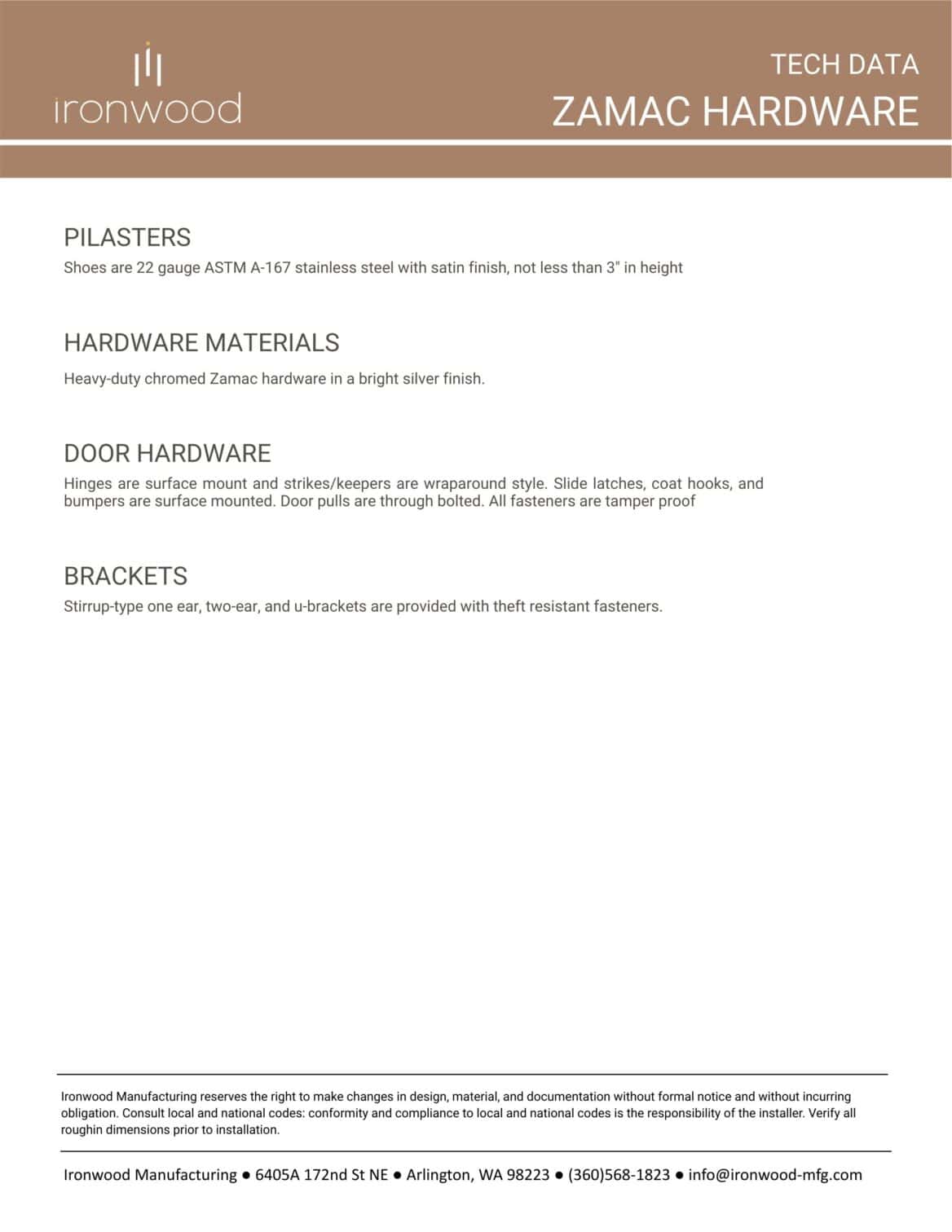 Zamac Hardware (Technical Data) | Ironwood Manufacturing